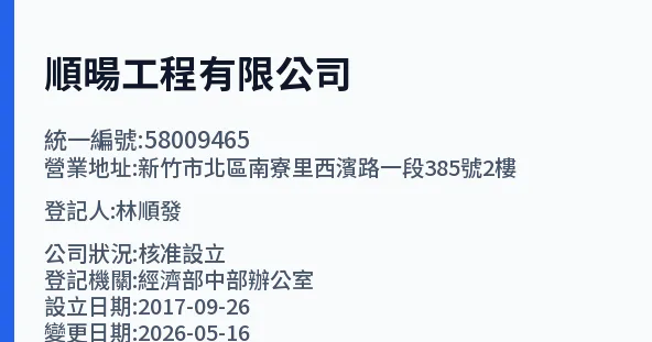順暘工程有限公司的照片-統編 58009465(新竹市) 公司登記資料與營業項目詳細圖表