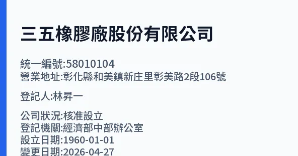 三五橡膠廠股份有限公司的照片-統編 58010104(彰化縣) 公司登記資料與營業項目詳細圖表