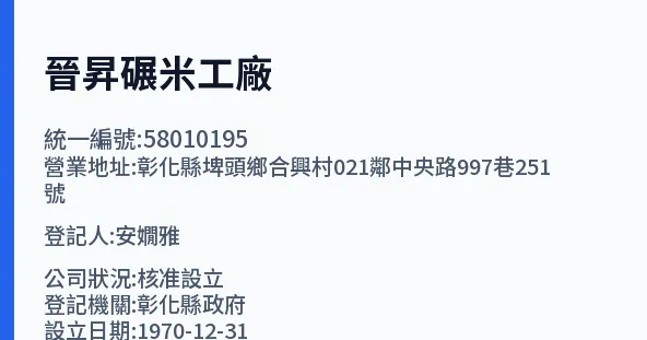 晉昇碾米工廠的照片-統編 58010195(彰化縣) 公司登記資料與營業項目詳細圖表