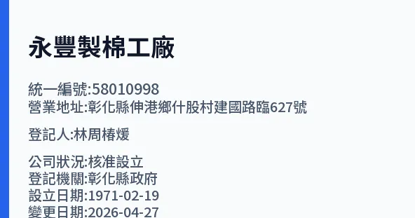 永豐製棉工廠的照片-統編 58010998(彰化縣) 公司登記資料與營業項目詳細圖表