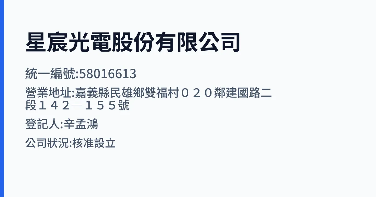 星宸光電股份有限公司 - 統編 58016613(嘉義縣) 公司登記資料與營業項目詳細圖表