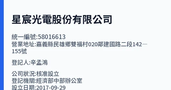 星宸光電股份有限公司的照片-統編 58016613(嘉義縣) 公司登記資料與營業項目詳細圖表