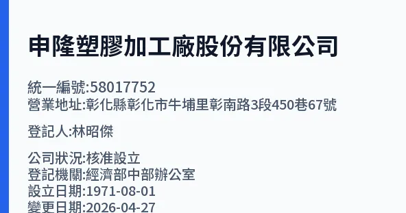 申隆塑膠加工廠股份有限公司的照片-統編 58017752(彰化縣) 公司登記資料與營業項目詳細圖表