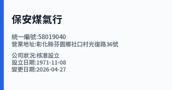 保安煤氣行的照片-統編 58019040(彰化縣) 公司登記資料與營業項目詳細圖表