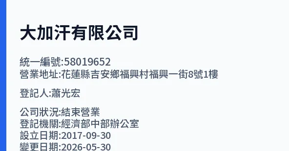 大加汗有限公司的照片-統編 58019652(花蓮縣) 公司登記資料與營業項目詳細圖表