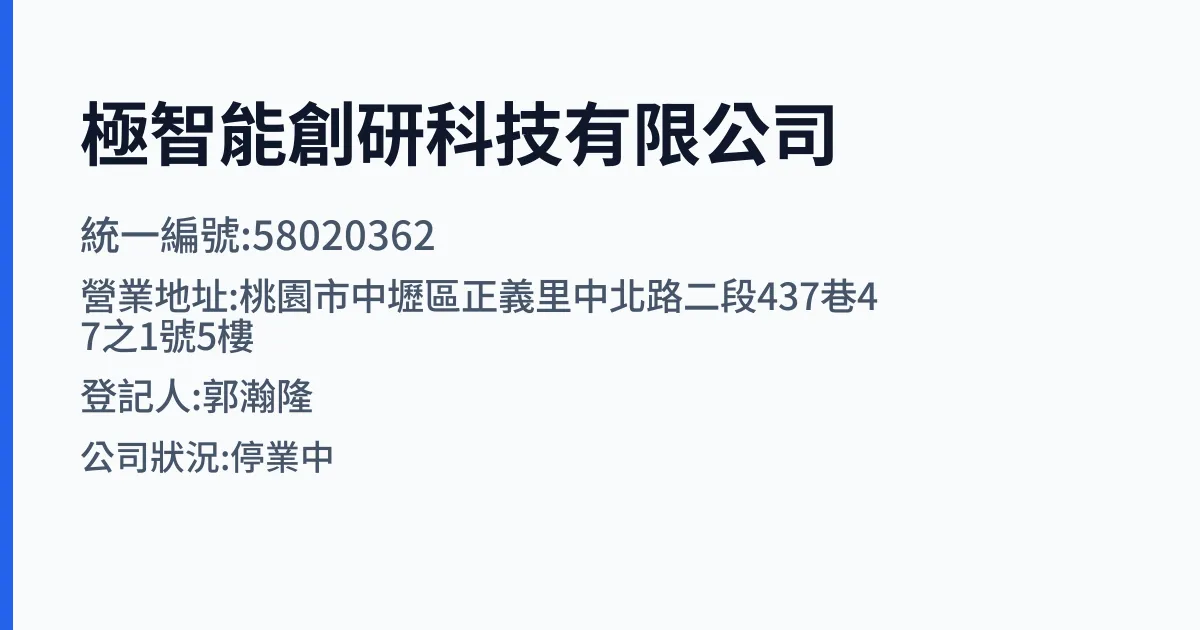 極智能創研科技有限公司 - 統編 58020362(桃園市) 公司登記資料與營業項目詳細圖表
