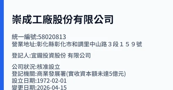 崇成工廠股份有限公司的照片-統編 58020813(彰化縣) 公司登記資料與營業項目詳細圖表