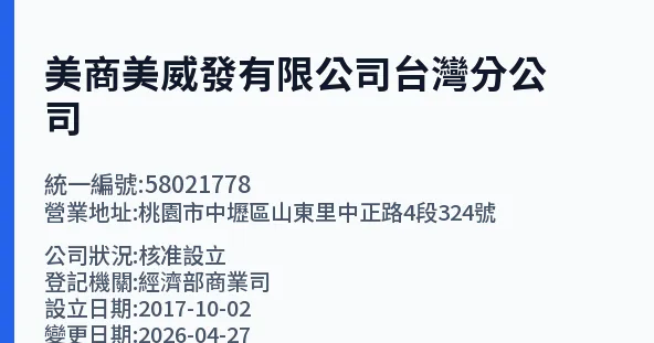 美商美威發有限公司台灣分公司的照片-統編 58021778(桃園市) 公司登記資料與營業項目詳細圖表