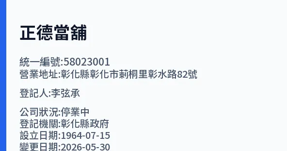 正德當舖的照片-統編 58023001(彰化縣) 公司登記資料與營業項目詳細圖表