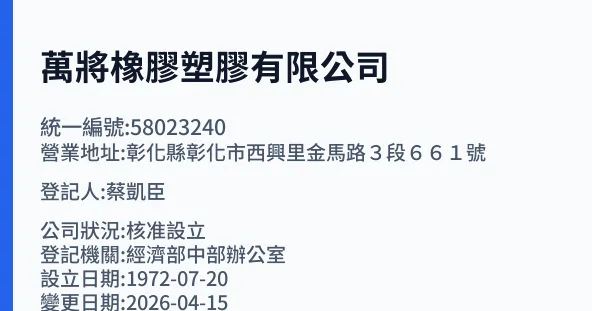 萬將橡膠塑膠有限公司的照片-統編 58023240(彰化縣) 公司登記資料與營業項目詳細圖表