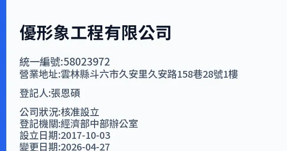 優形象工程有限公司的照片-統編 58023972(雲林縣) 公司登記資料與營業項目詳細圖表