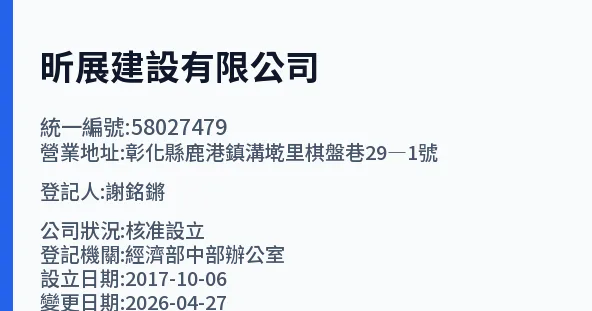 昕展建設有限公司的照片-統編 58027479(彰化縣) 公司登記資料與營業項目詳細圖表
