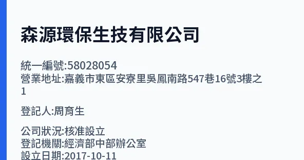 森源環保生技有限公司的照片-統編 58028054(嘉義市) 公司登記資料與營業項目詳細圖表