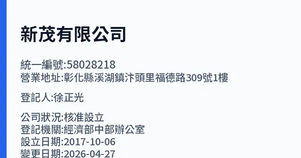 新茂有限公司的照片-統編 58028218(彰化縣) 公司登記資料與營業項目詳細圖表