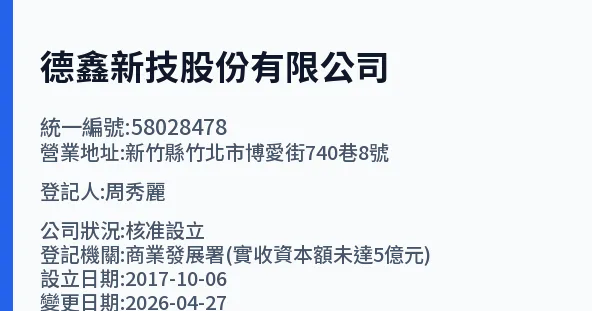 德鑫新技股份有限公司的照片-統編 58028478(新竹縣) 公司登記資料與營業項目詳細圖表