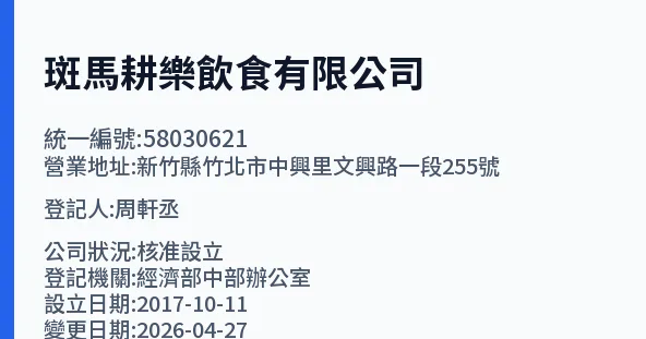 斑馬耕樂飲食有限公司的照片-統編 58030621(新竹縣) 公司登記資料與營業項目詳細圖表