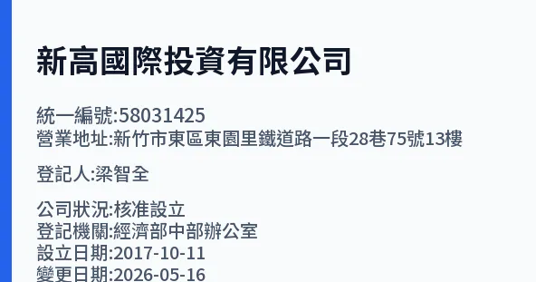 新高國際投資有限公司的照片-統編 58031425(新竹市) 公司登記資料與營業項目詳細圖表