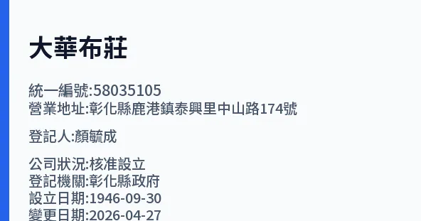 大華布莊的照片-統編 58035105(彰化縣) 公司登記資料與營業項目詳細圖表