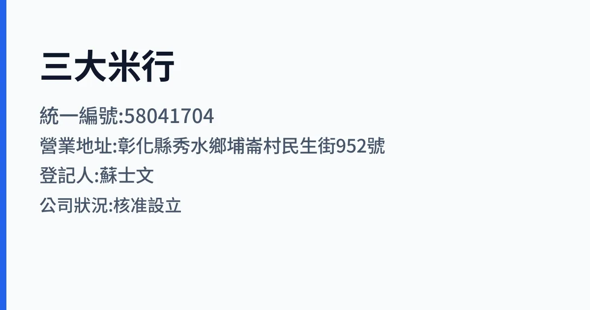 三大米行 - 統編 58041704(彰化縣) 公司登記資料與營業項目詳細圖表