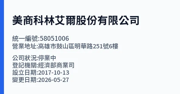 美商科林艾爾股份有限公司的照片-統編 58051006(高雄市) 公司登記資料與營業項目詳細圖表