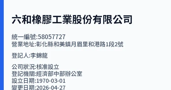六和橡膠工業股份有限公司的照片-統編 58057727(彰化縣) 公司登記資料與營業項目詳細圖表