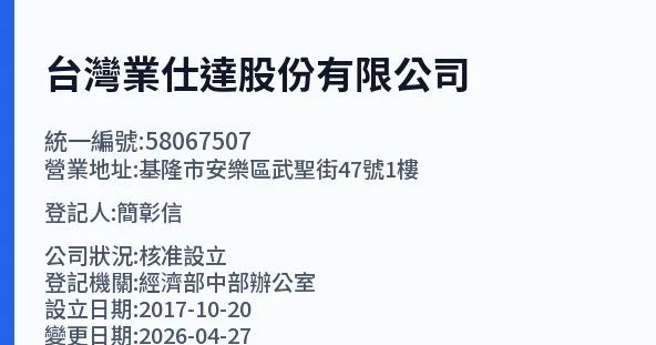 台灣業仕達股份有限公司的照片-統編 58067507(基隆市) 公司登記資料與營業項目詳細圖表