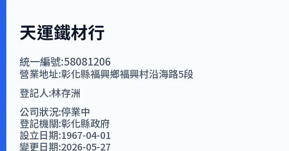 天運鐵材行的照片-統編 58081206(彰化縣) 公司登記資料與營業項目詳細圖表