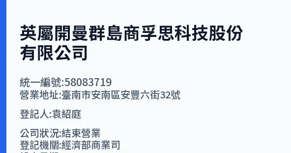 英屬開曼群島商孚思科技股份有限公司的照片-統編 58083719(臺南市) 公司登記資料與營業項目詳細圖表