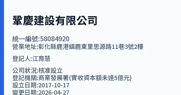 鞏慶建設有限公司的照片-統編 58084920(彰化縣) 公司登記資料與營業項目詳細圖表