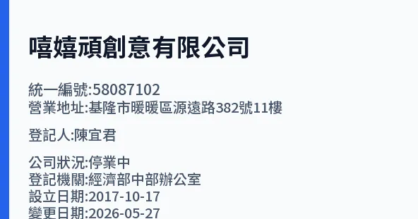 嘻嬉頑創意有限公司的照片-統編 58087102(基隆市) 公司登記資料與營業項目詳細圖表