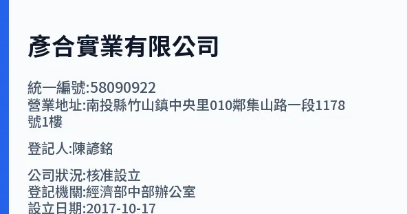 彥合實業有限公司的照片-統編 58090922(南投縣) 公司登記資料與營業項目詳細圖表