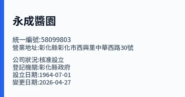永成醬園的照片-統編 58099803(彰化縣) 公司登記資料與營業項目詳細圖表