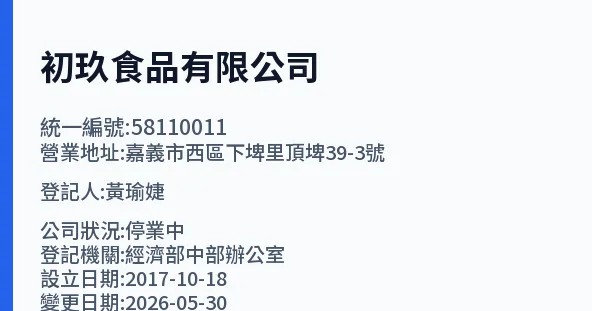 初玖食品有限公司的照片-統編 58110011(嘉義市) 公司登記資料與營業項目詳細圖表