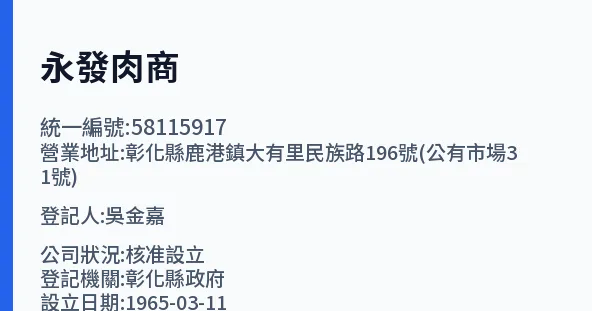 永發肉商的照片-統編 58115917(彰化縣) 公司登記資料與營業項目詳細圖表