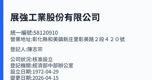 展強工業股份有限公司的照片-統編 58120910(彰化縣) 公司登記資料與營業項目詳細圖表