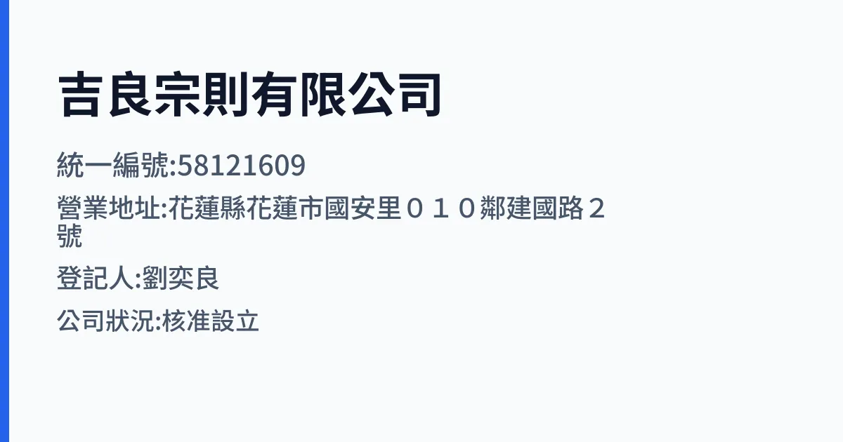 吉良宗則有限公司 - 統編 58121609(花蓮縣) 公司登記資料與營業項目詳細圖表