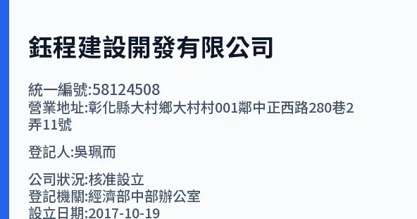 鈺程建設開發有限公司的照片-統編 58124508(彰化縣) 公司登記資料與營業項目詳細圖表