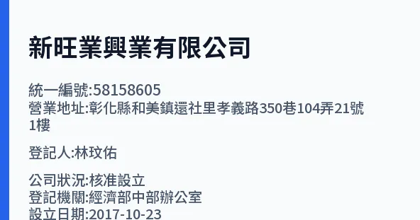 新旺業興業有限公司的照片-統編 58158605(彰化縣) 公司登記資料與營業項目詳細圖表