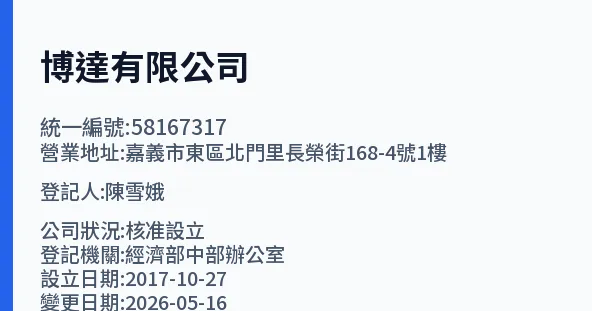 博達有限公司的照片-統編 58167317(嘉義市) 公司登記資料與營業項目詳細圖表