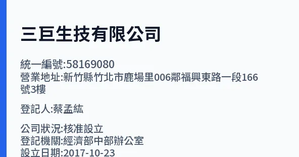 三巨生技有限公司的照片-統編 58169080(新竹縣) 公司登記資料與營業項目詳細圖表