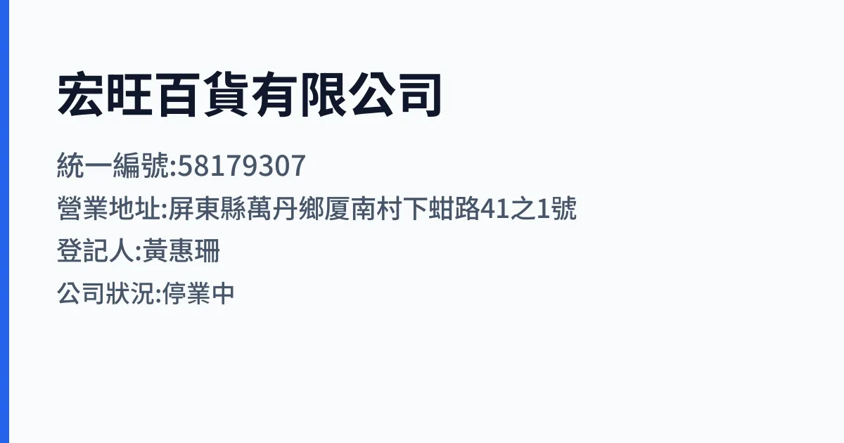 宏旺百貨有限公司 - 統編 58179307(屏東縣) 公司登記資料與營業項目詳細圖表