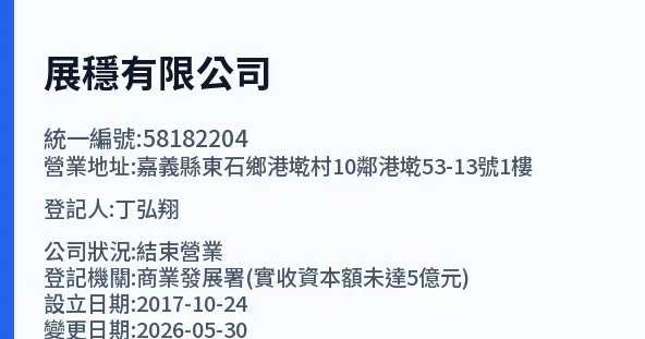 展穩有限公司的照片-統編 58182204(嘉義縣) 公司登記資料與營業項目詳細圖表