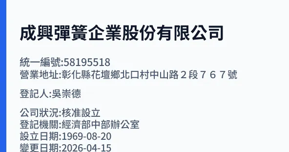 成興彈簧企業股份有限公司的照片-統編 58195518(彰化縣) 公司登記資料與營業項目詳細圖表