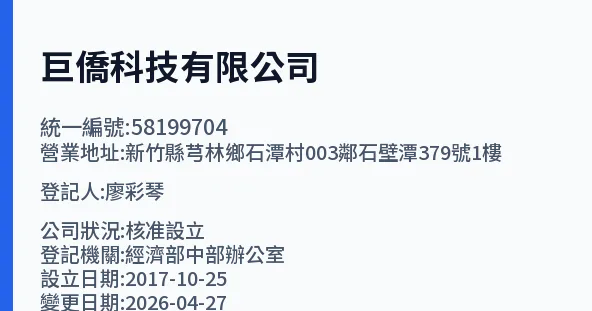 巨僑科技有限公司的照片-統編 58199704(新竹縣) 公司登記資料與營業項目詳細圖表