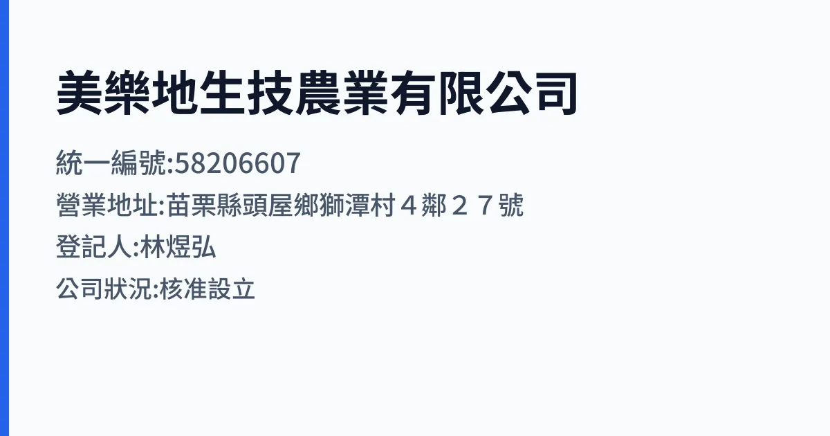 美樂地生技農業有限公司 - 統編 58206607(苗栗縣) 公司登記資料與營業項目詳細圖表