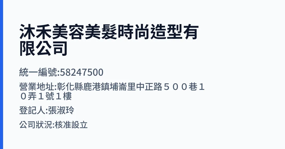 沐禾美容美髮時尚造型有限公司 - 統編 58247500(彰化縣) 公司登記資料與營業項目詳細圖表