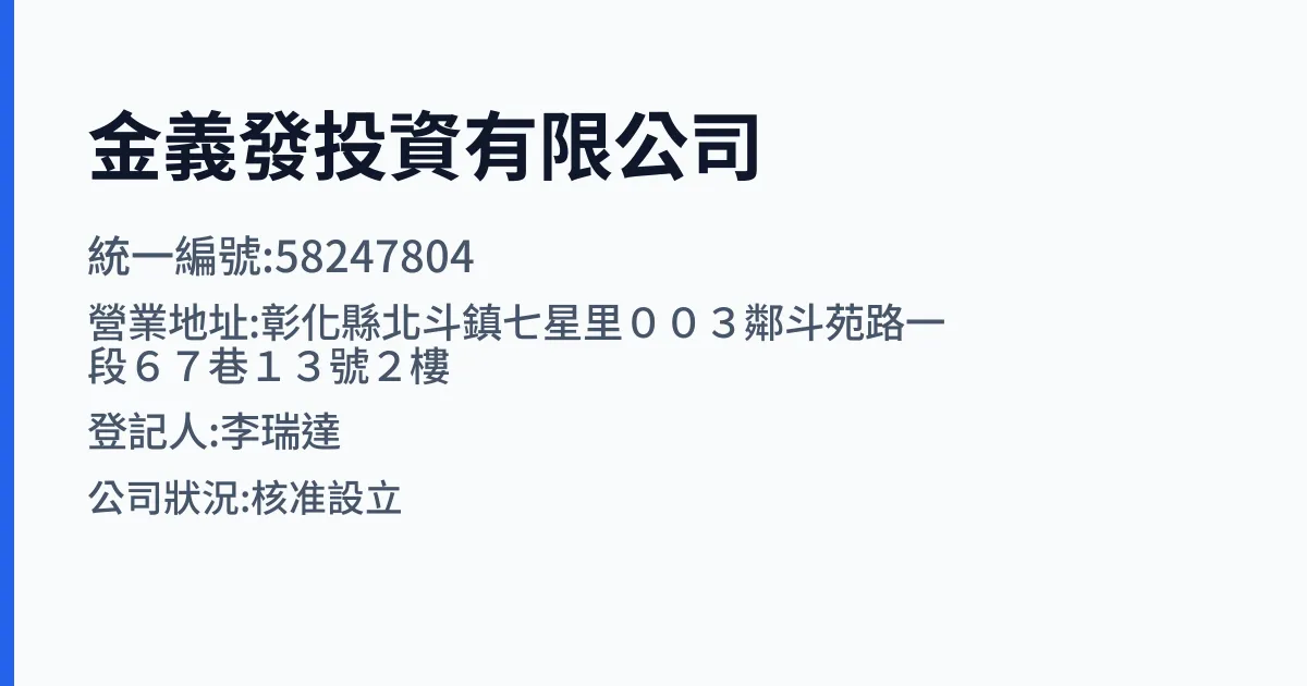 金義發投資有限公司 - 統編 58247804(彰化縣) 公司登記資料與營業項目詳細圖表