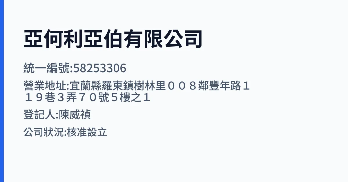亞何利亞伯有限公司 - 統編 58253306(宜蘭縣) 公司登記資料與營業項目詳細圖表