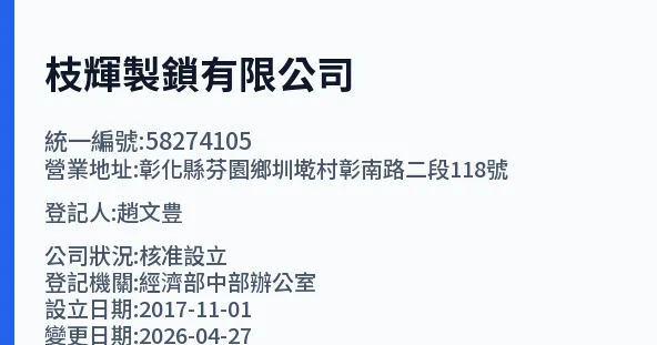 枝輝製鎖有限公司的照片-統編 58274105(彰化縣) 公司登記資料與營業項目詳細圖表