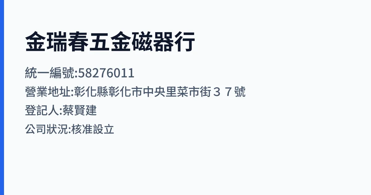 金瑞春五金磁器行 - 統編 58276011(彰化縣) 公司登記資料與營業項目詳細圖表